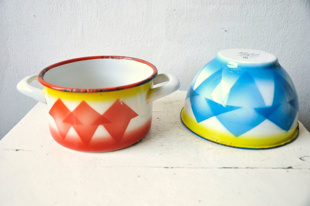 Vintage Colorful Emo, Emo Enamel Pot, Emo Enamel Bowl, White Red Enamel ...