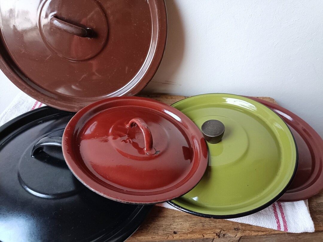 Vintage Enamel Lid, Large Enamel Lid, Cooking Pot Lid, Brown Green Lid ...