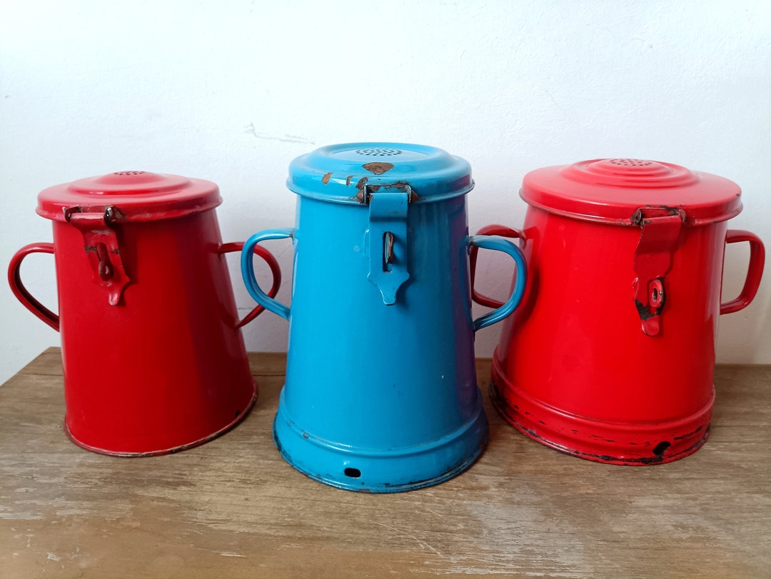 Vintage Enamel Container, Blue Red Enamel, Enamel Storage, Enamel ...