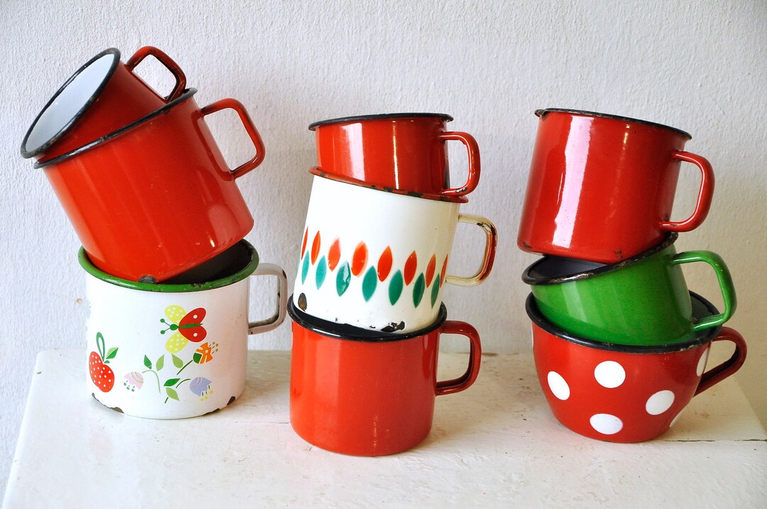 Vintage Enamel Emo Cup Mug, Emo Yugoslavia, Green Red Polka Dot Cup Mug ...