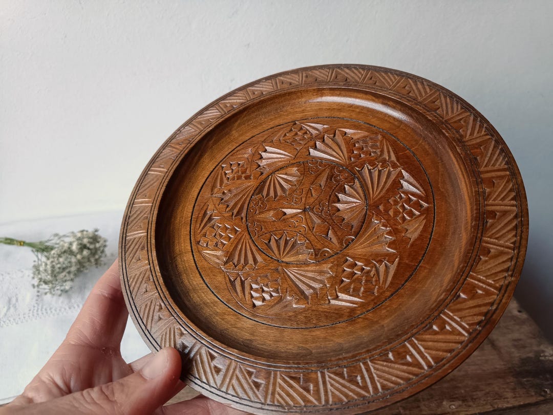 Hand Carved Wooden Plate, Vintage Decorative Bowl, Hand Carved Wood ...