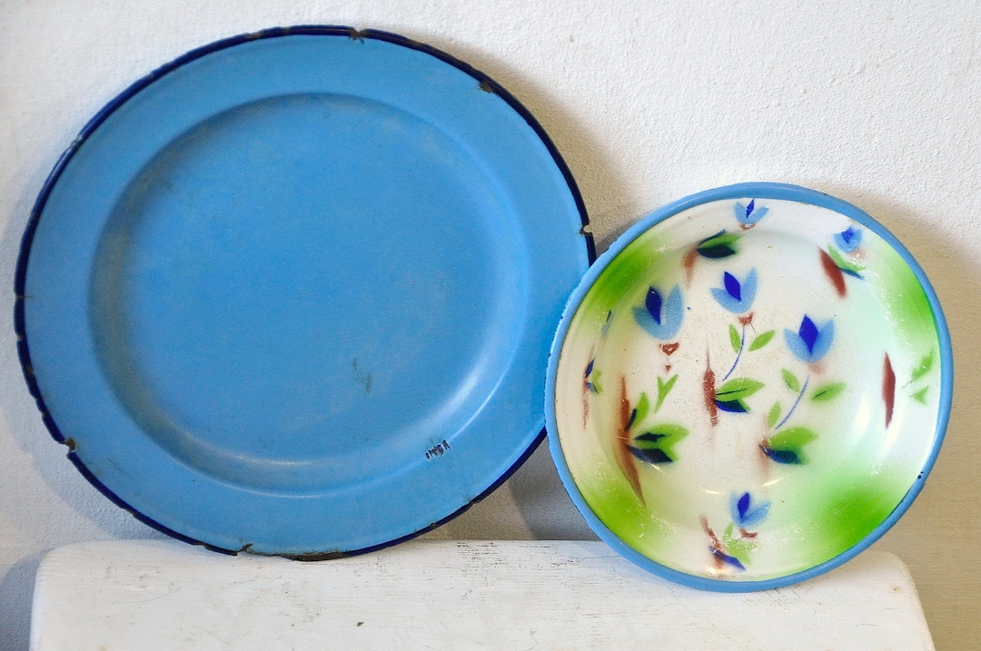 Vintage Blue Enamel Plate, Blue Enamel Plate, Floral Enamel Plate, From ...