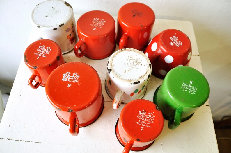 Vintage Enamel Emo Cup Mug Emo Yugoslavia Green Red Polka - Etsy