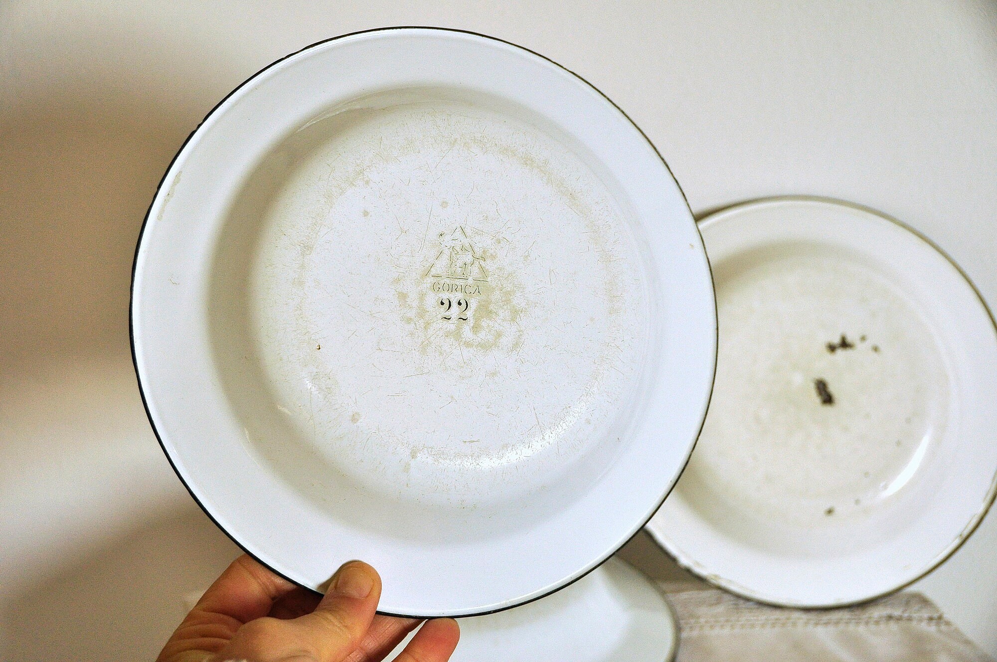 Vintage Enamel Plate, White Enamel Plate With Blue Trim, Vintage ...