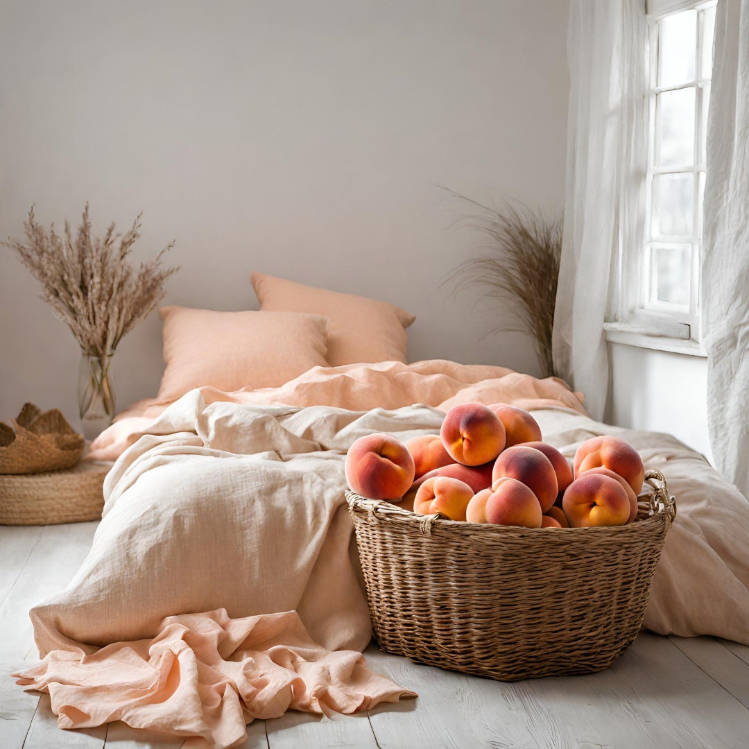Peach Color Linen Duver Cover Bedding Set. - Etsy
