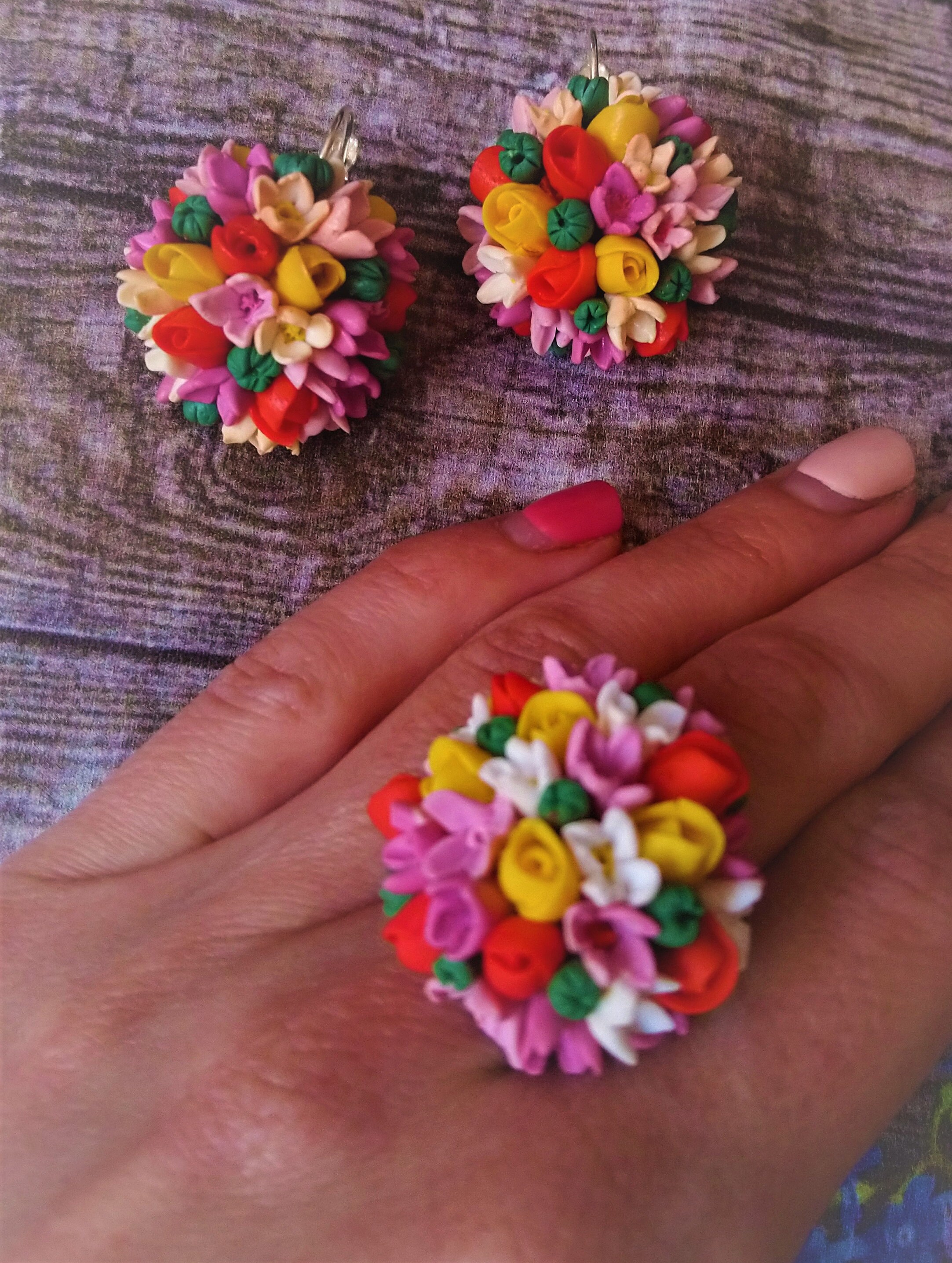 Floral Jewelry Set. Ring and Earrings Made of Professional Polymer Clay ...