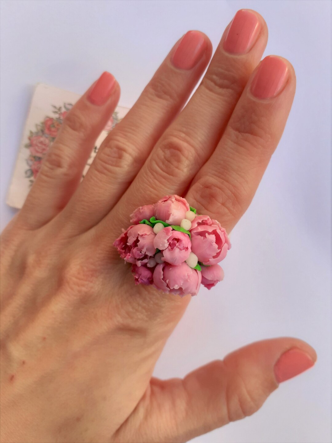 Handmade Polymer Clay Floral Ring: Pink Peonies & Roses Jewelry - Etsy