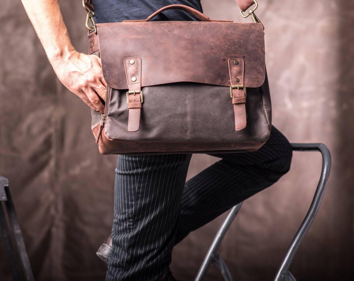 Mens Leather Satchel Bag Canvas Satchel Multiple Pockets 2 - Etsy