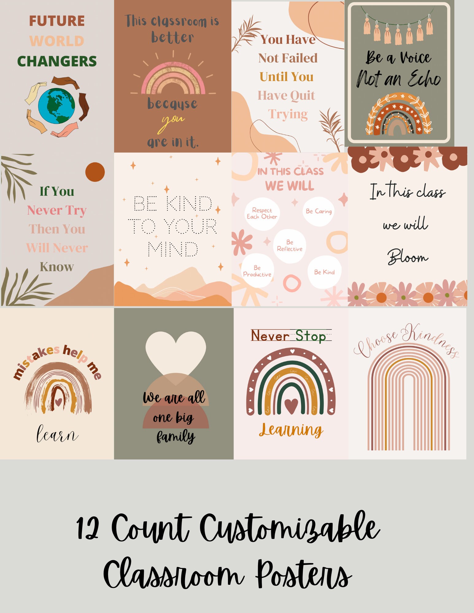 12 Editable Boho Classroom Posters, Printable Wall-art, Classroom Signs ...