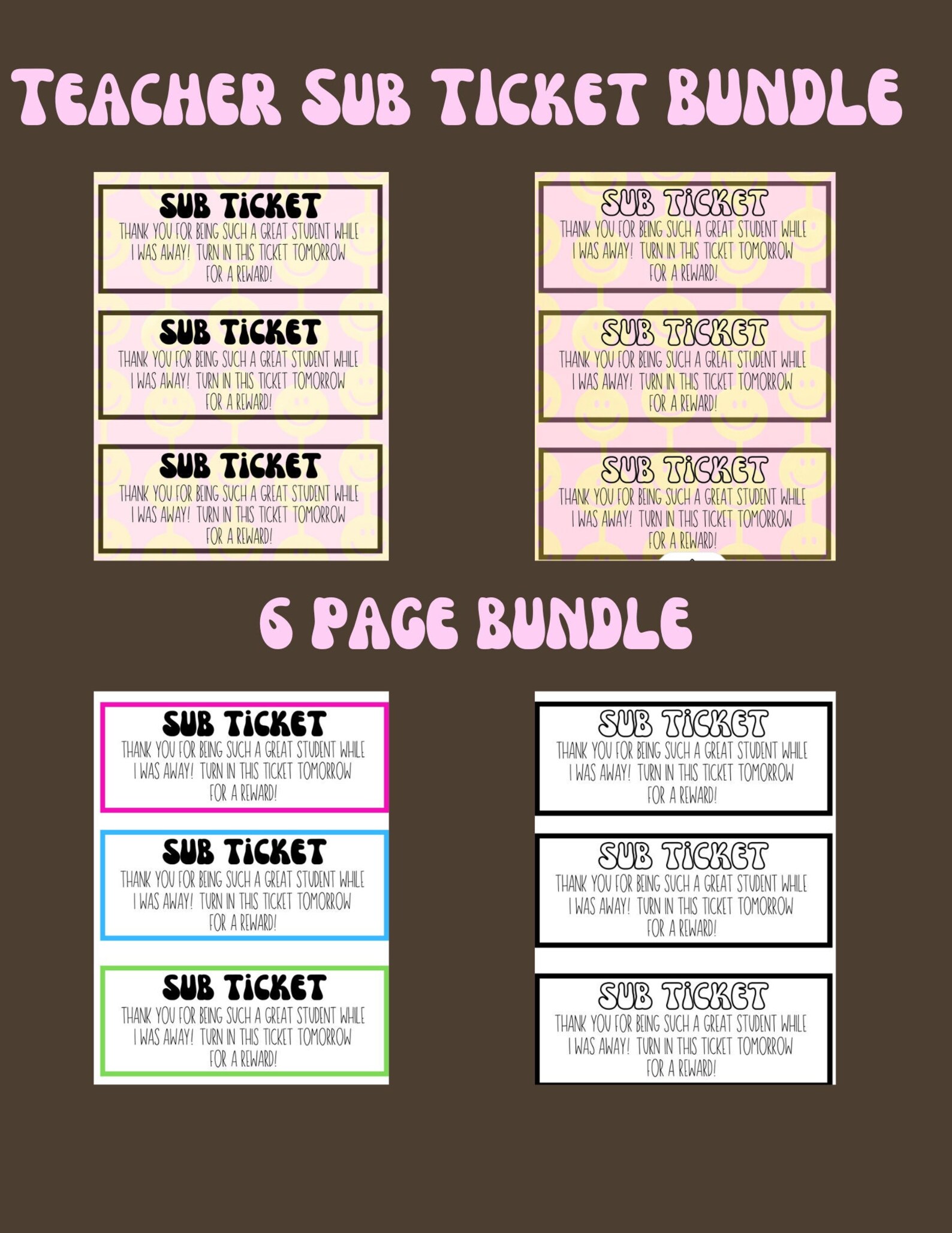 Teacher Sub Tickets BUNDLE, Classroom Incentives, Classroom Management ...