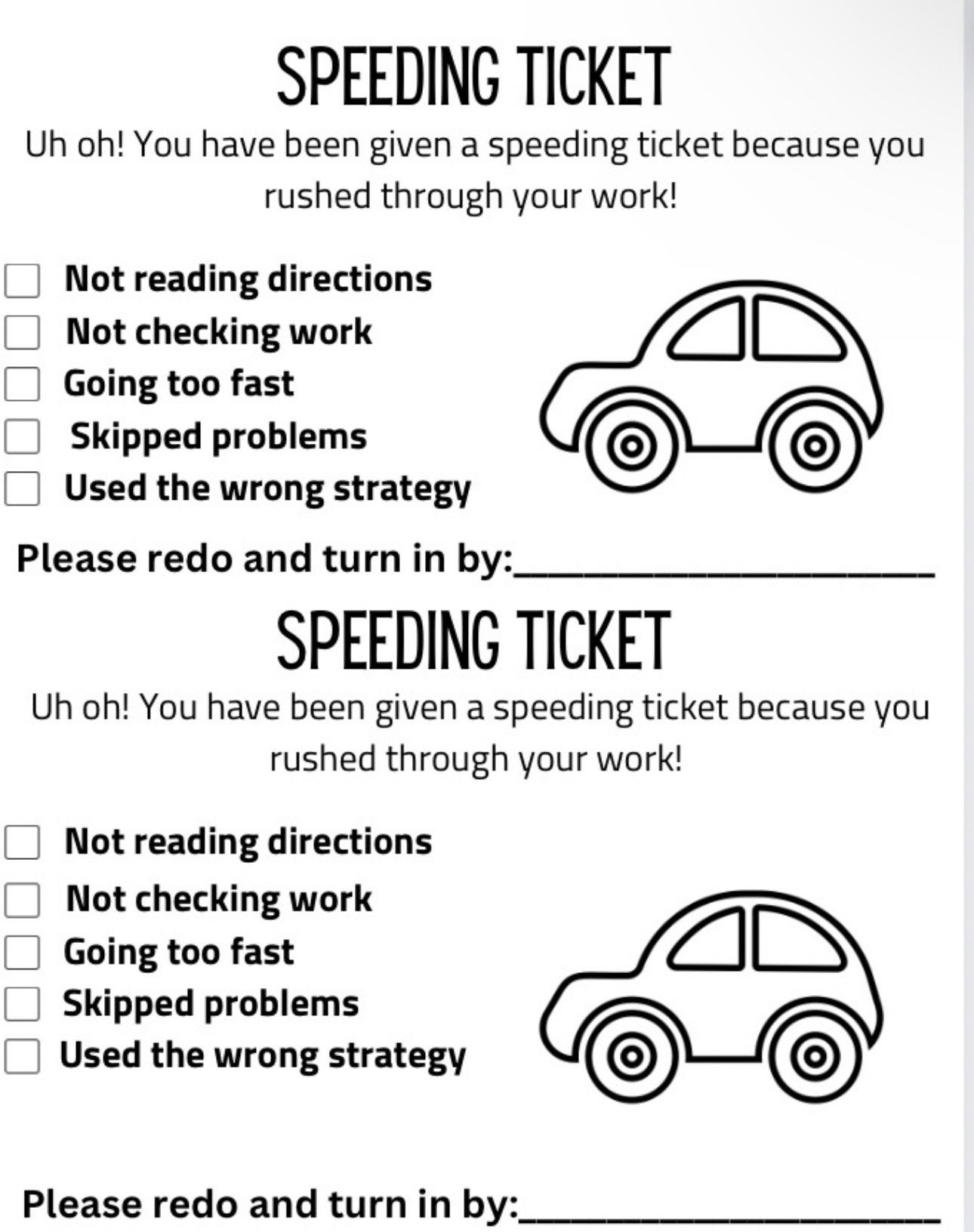 Teacher Speeding Ticket, Student Correction Forms, Assignment ...