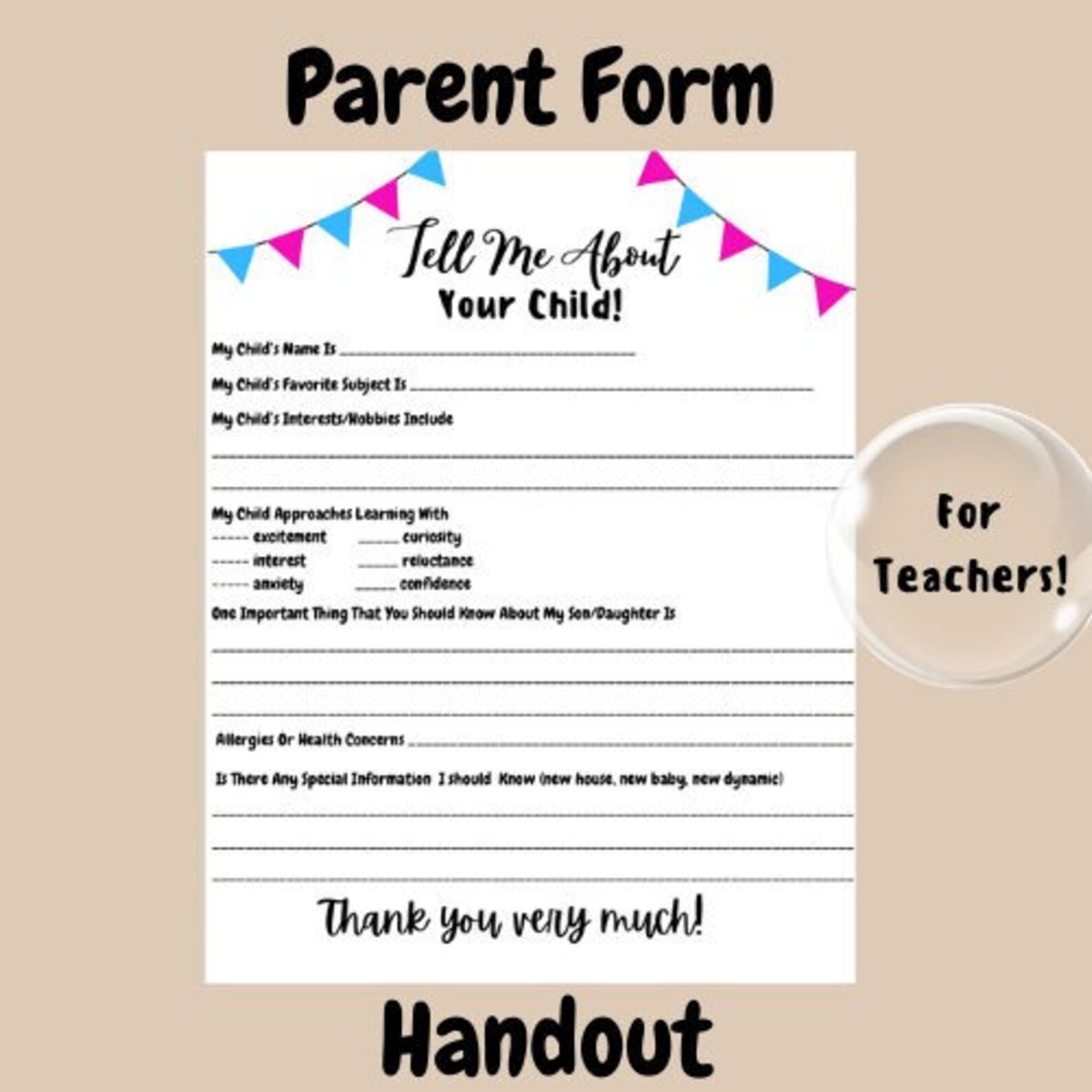 Tell Me About Your Child Parent Form, Teacher Handout Forms, Parent ...