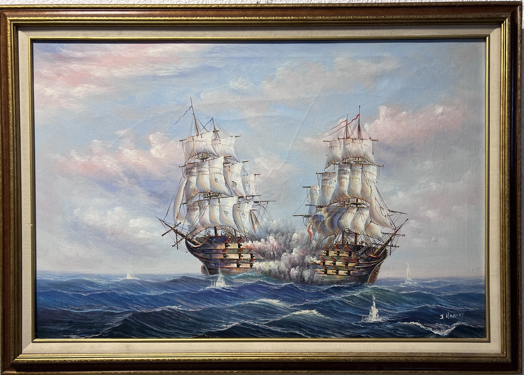 J.harvey Large Oil Painting on Canvas, Ships BATTLE AT SEA, Signed ...