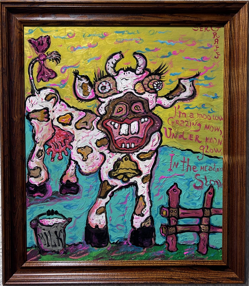 Original Painting on Board in Cartoon Style by Serg Graff happy Cow ...
