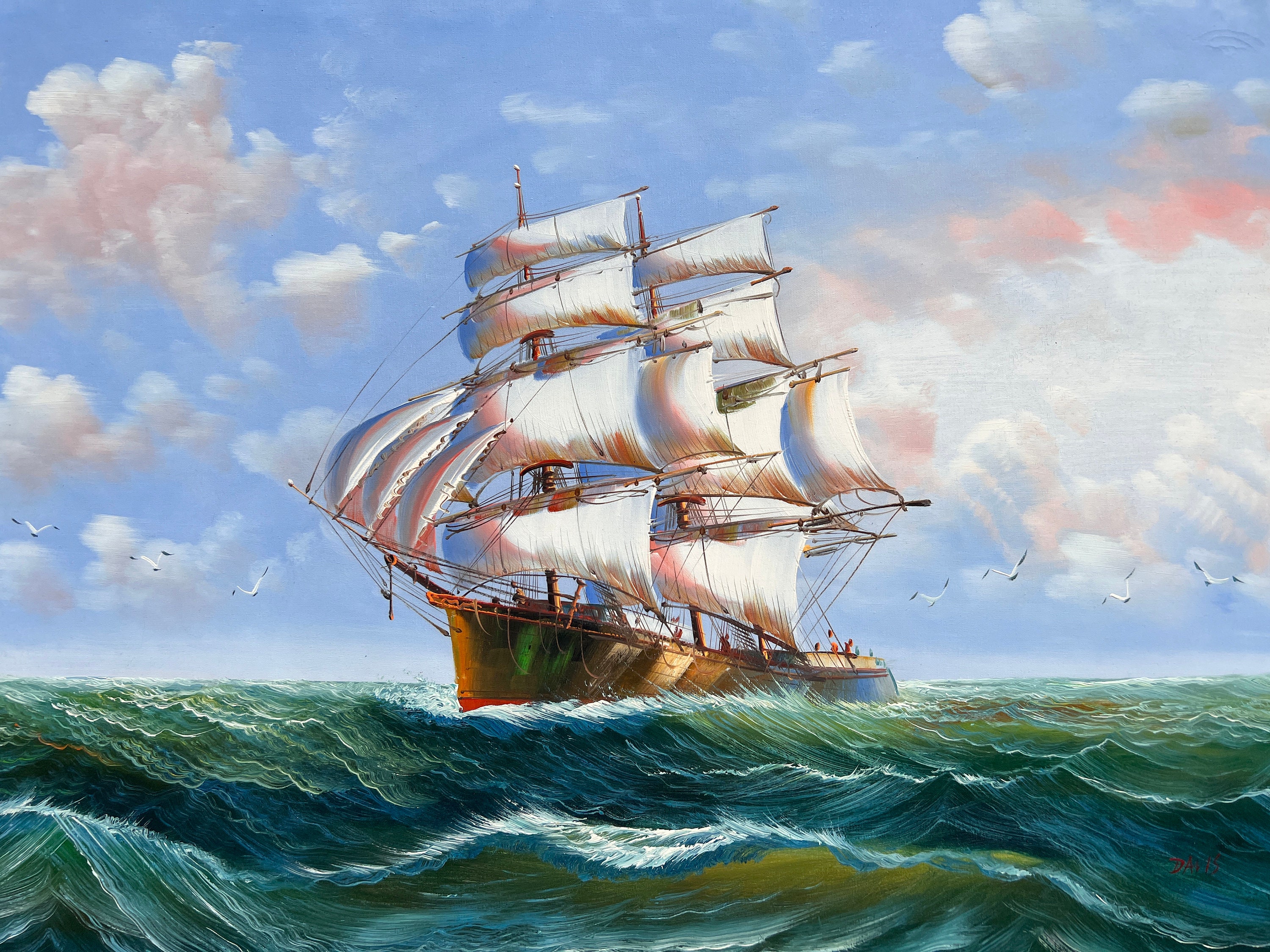 Davis Large Oil Painting on Canvas, Seascape, Sailing Ship in the Ocean ...