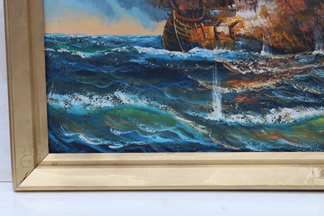 J.harvey Large Oil Painting on Canvas, Ships BATTLE AT SEA, Signed ...