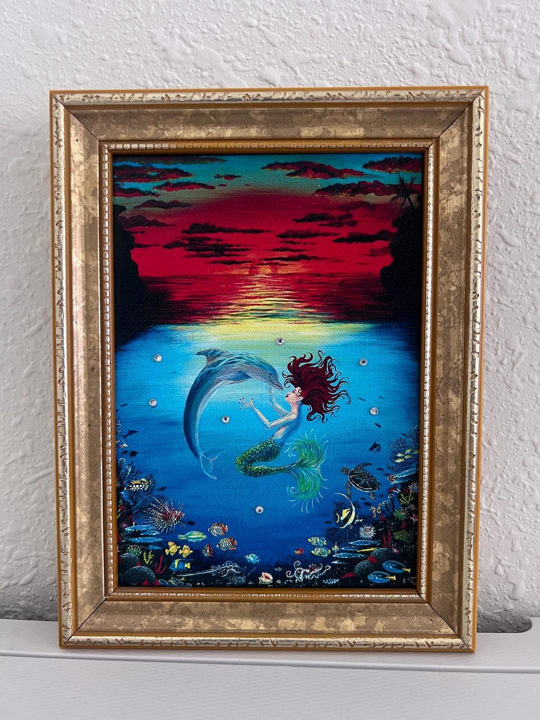 Elizabeth Shick Small Artwork on Canvas, Mermaid and Dolphin, Framed - Etsy