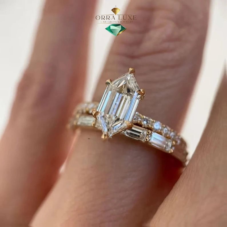 Elongated Hexagon Cut Lab Grown Diamond Engagement Ring Set, 2CT Step ...