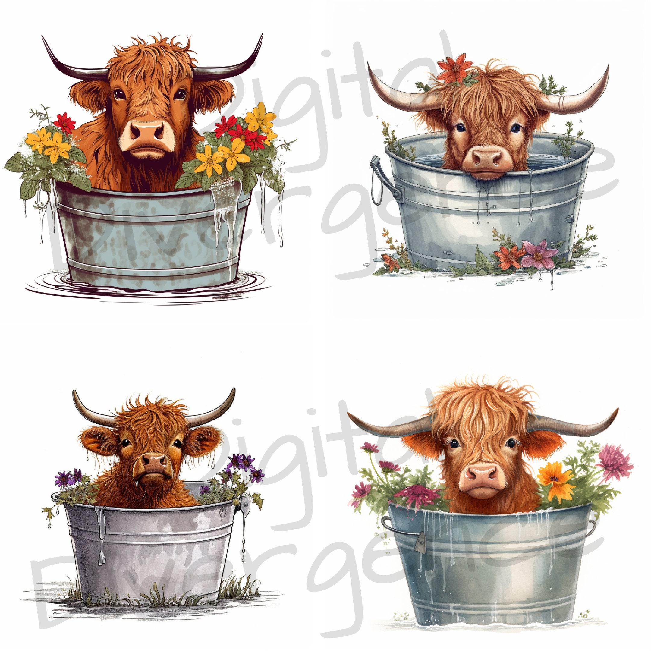 Highland Cow Watercolor Clipart Collection Metal Bath With Summer ...