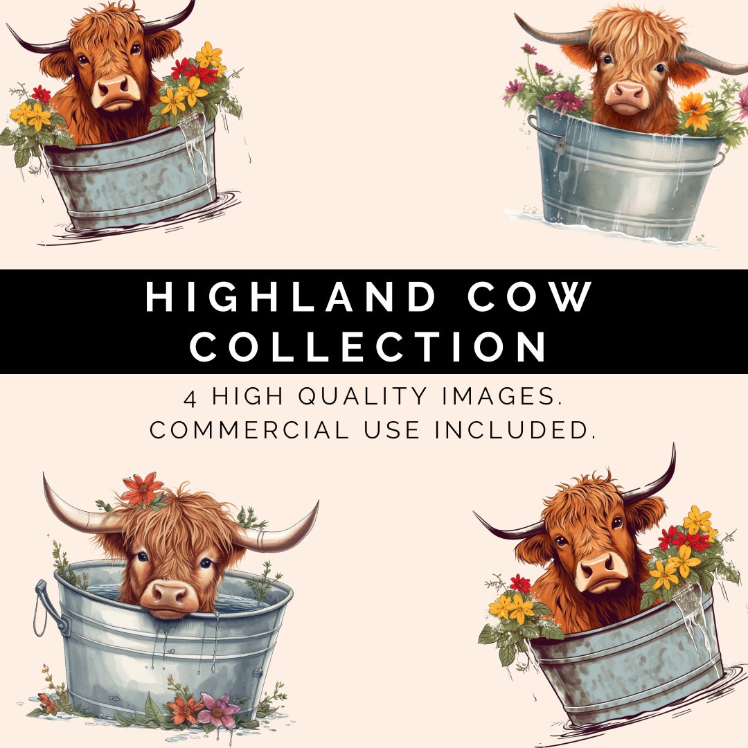 Highland Cow Watercolor Clipart Collection Metal Bath With Summer ...