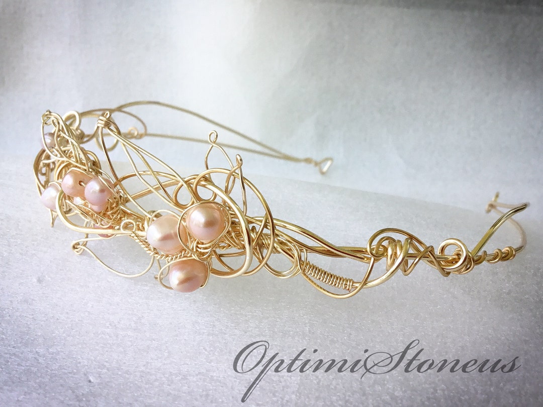 CIRCLET, HEADBAND- Light Gold Tone, Fresh Water Peale Pearls , Hear ...