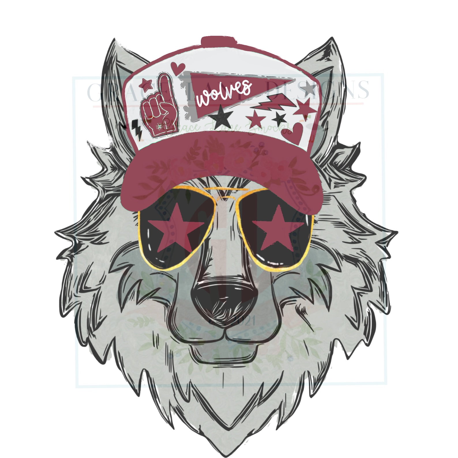Maroon Wolves Mascot Trucker Hat Png Hand Drawn Procreate Digital ...