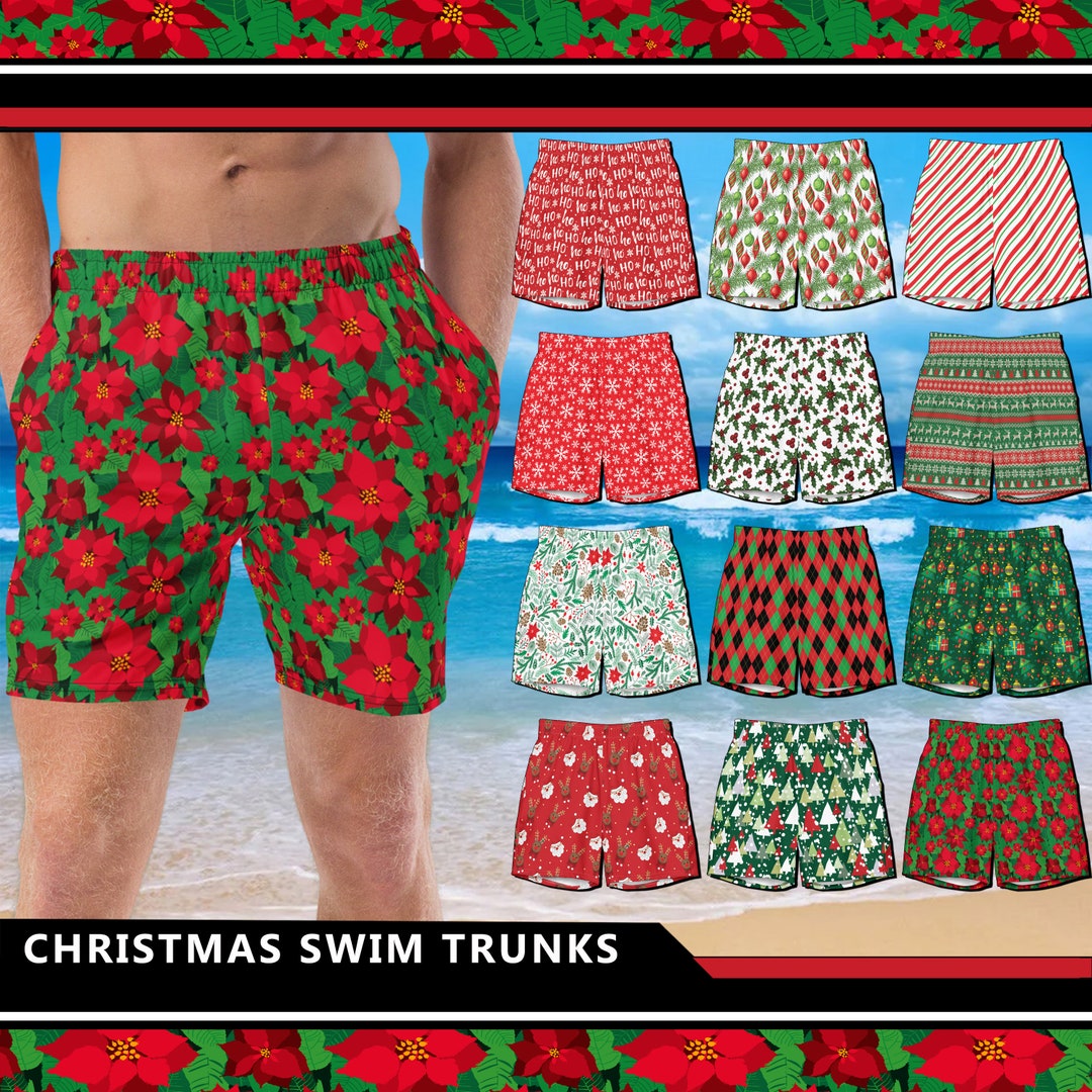 Men's Christmas Swim Trunks 1 Santa Candy Cane Ornament Tree Holly ...