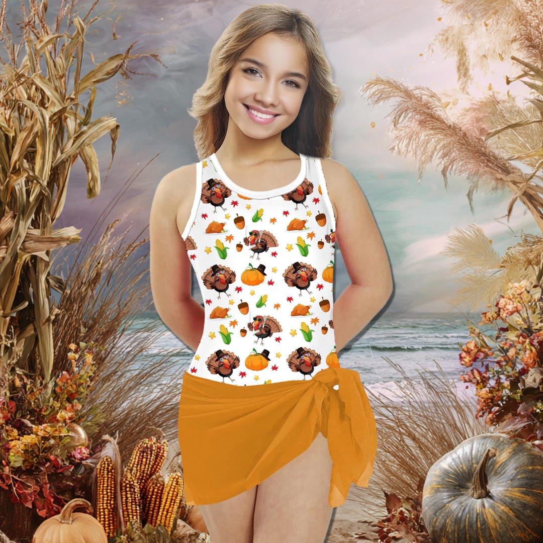 Girls One Piece Swimsuit: Thanksgiving Turkey Pumpkin Corn Fall Leaves ...