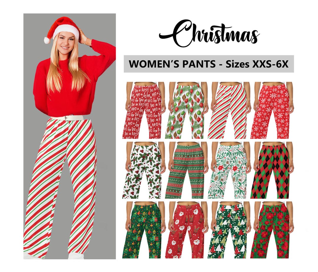 Women's Christmas Pants #1 - Wide Leg - Santa Candy Cane Ornament Tree ...