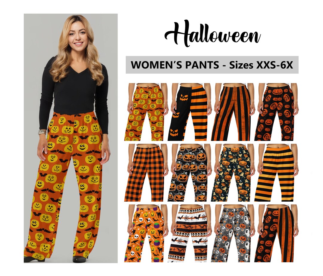 Women's Halloween Pants 1 Wide Leg Pumpkins Stripes Bats Orange Gingham ...