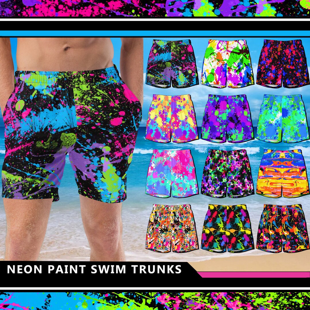Men's Retro Neon Paint Splatter Swim Trunks 1 80s 90s Glow Party Black ...