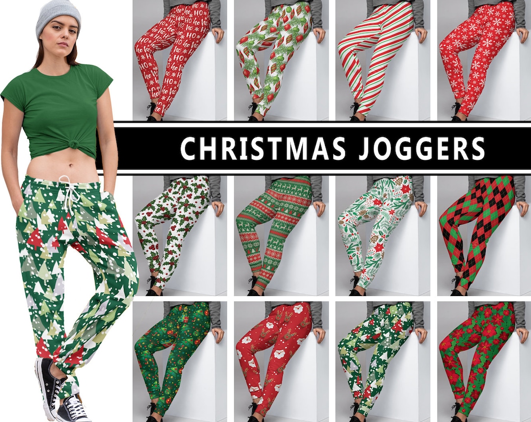 Women's Christmas Joggers 1 Womens Santa Candy Cane Ornament Bulb Tree ...