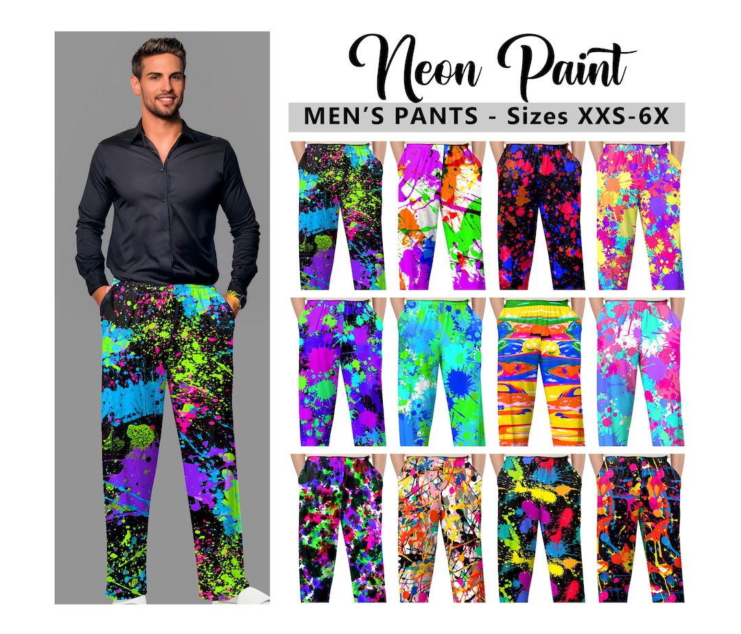 Men's Retro Neon Splatter Paint Pants #1 - Wide Leg Pants - Neon Glow ...