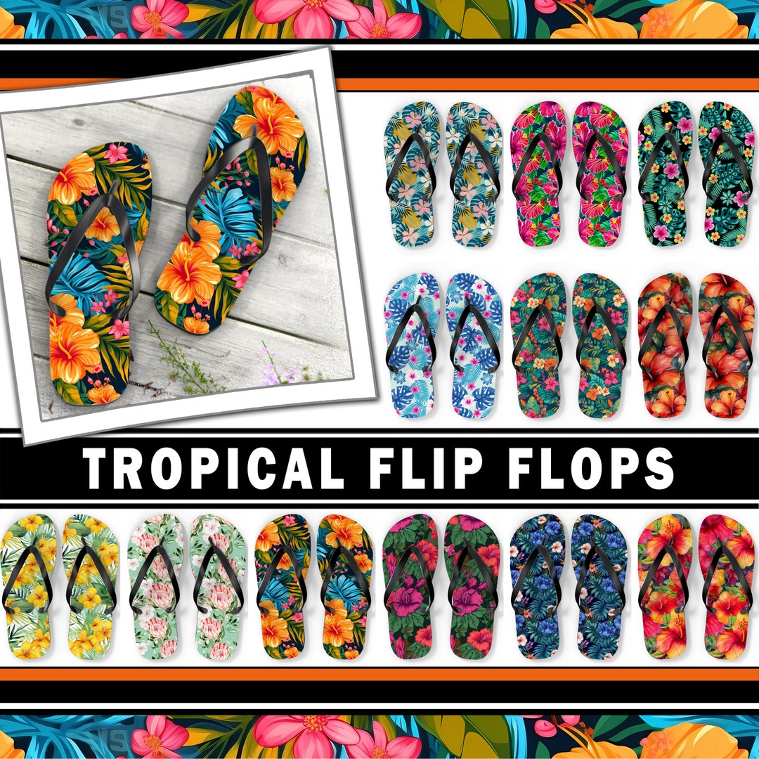 Tropical Flowers Unisex Flip Flops 1 Floral Hibiscus Beach Island ...