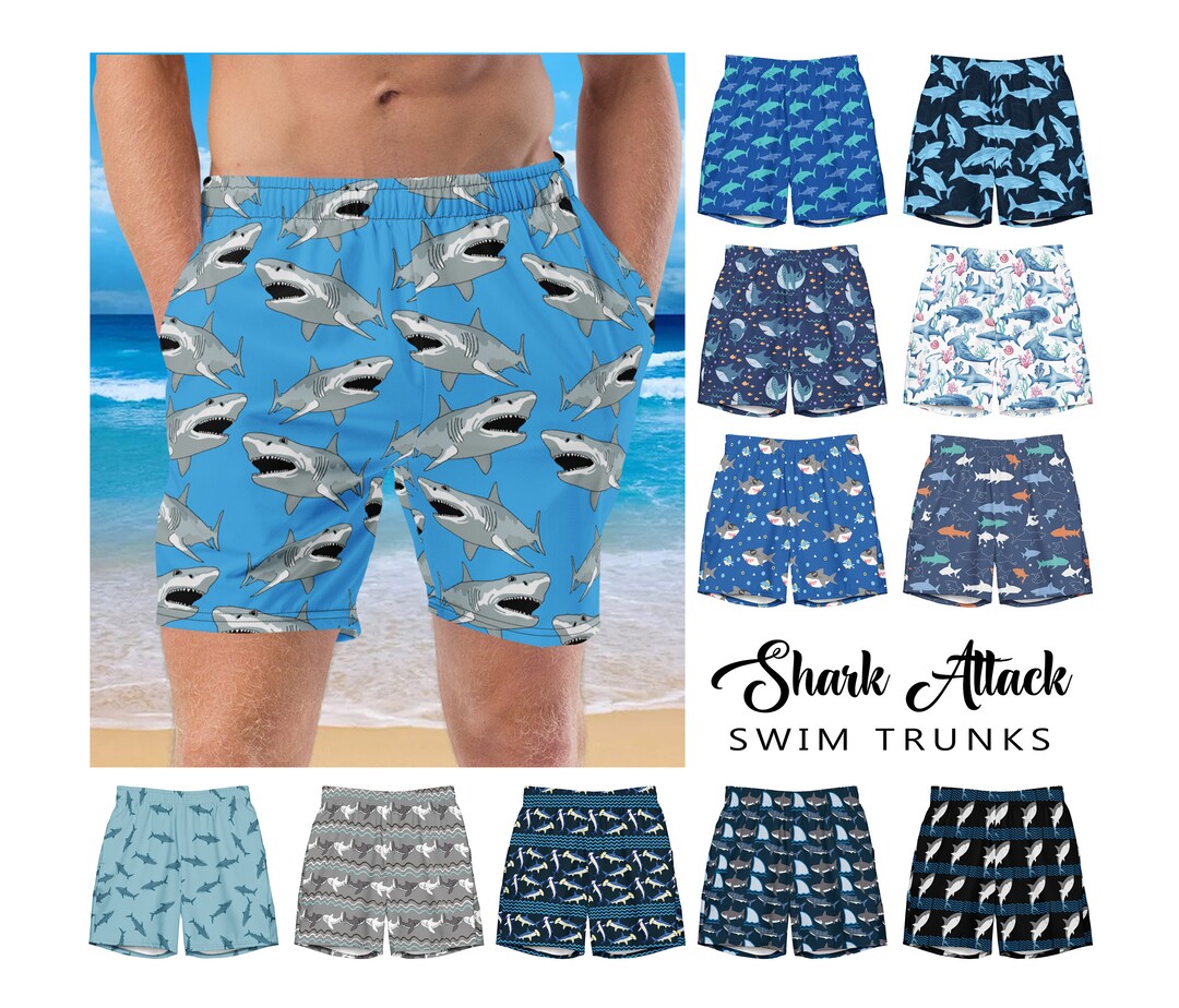Men's Shark Attack Swim Trunks #1 - Ocean Sea Life Mammal Scary Funny ...