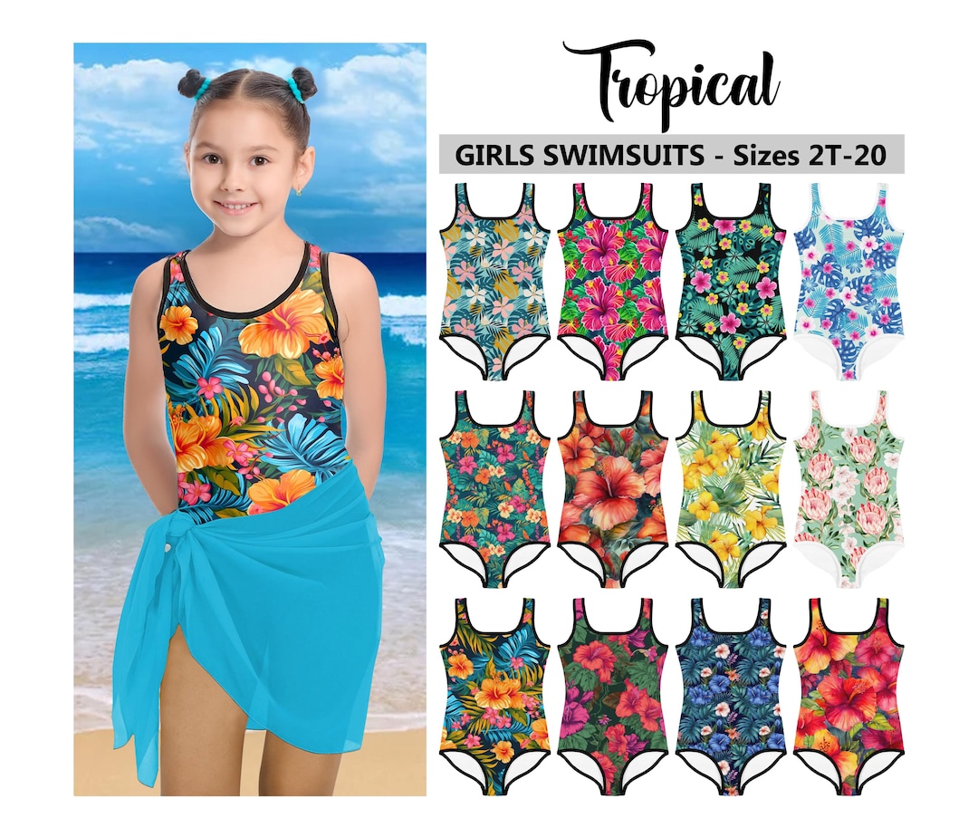 Kids Tropical Flowers Swimsuit #1 - Sizes 2T-20 - Baby Teens Bathing ...