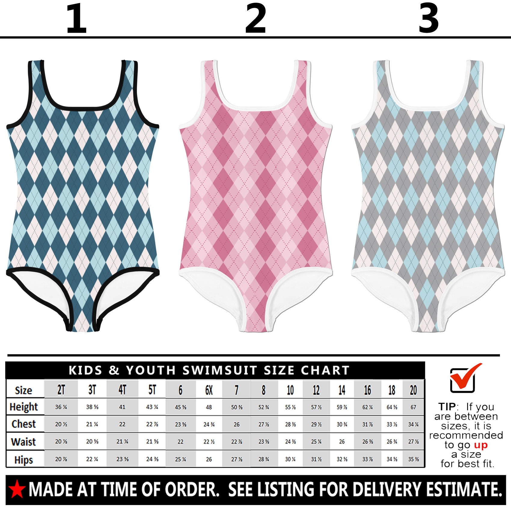 Kids Classic Diamond Pattern Swimsuit 1 Sizes 2T-20 Baby Teens Bathing ...