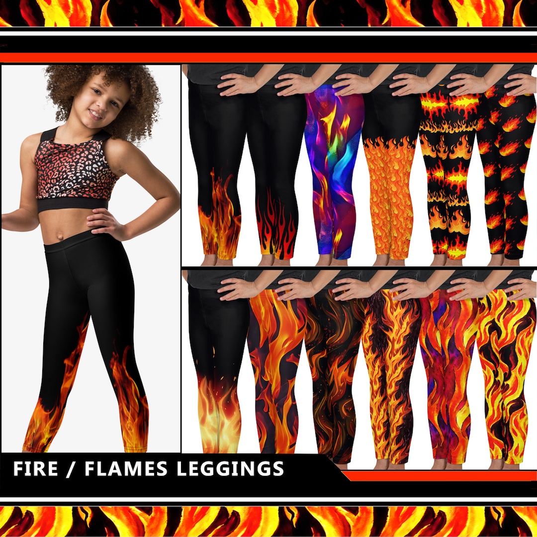 Kids Fire Flames Leggings 1 Boys Girls Baby Toddler Teen Fiery Flaming ...