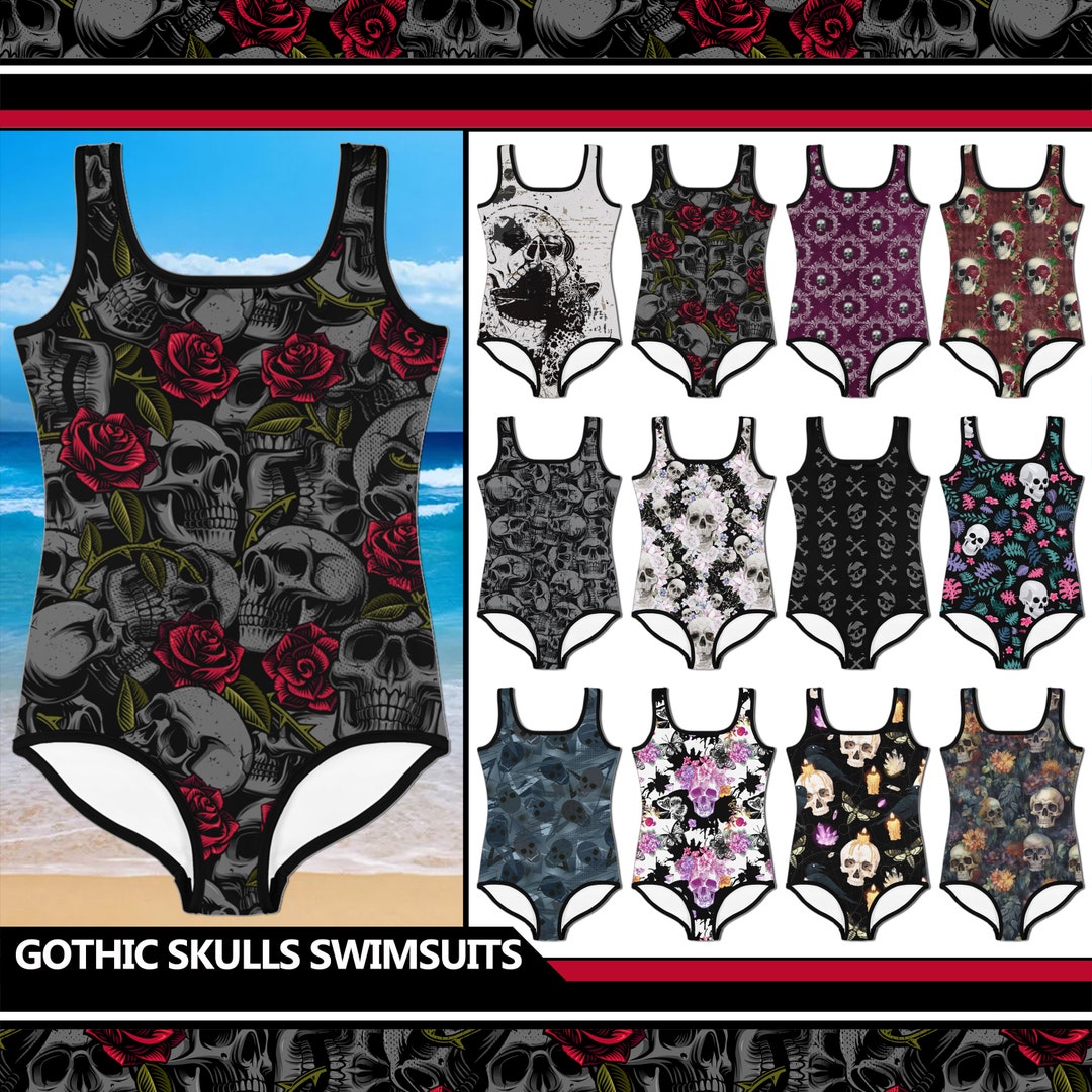 Kids Gothic Skulls Swimsuit 1 Sizes 2T-20 Baby Teens Bathing Suit ...