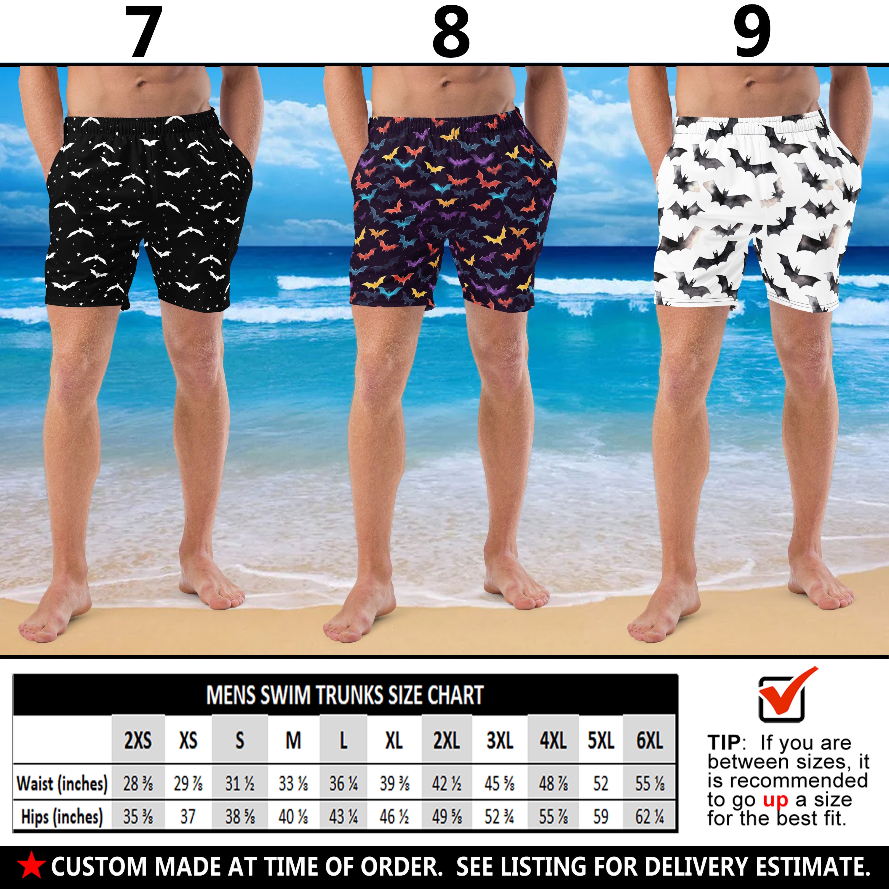 Men's Gothic Bats Swim Trunks 4 Goth Halloween Black White Bats Scary ...
