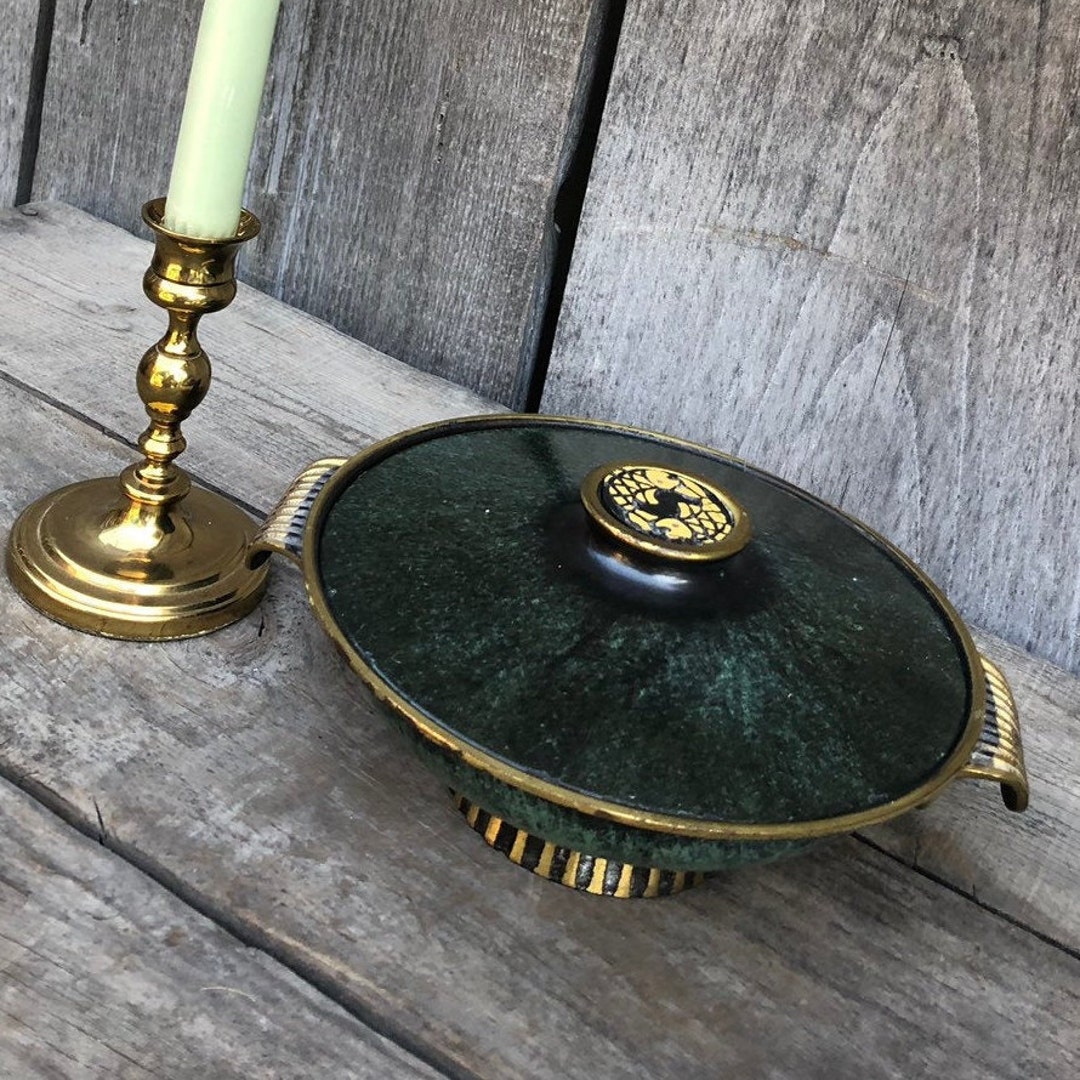 Mid Century Israeli Brass / Green Footed / Pedestal Bowl / Dish With ...