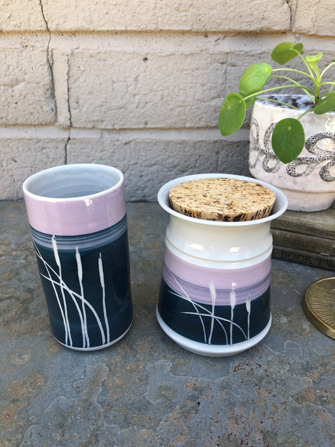Signed Small Pottery Canister/jar and Cup/vase Set - Hand Made Etched ...