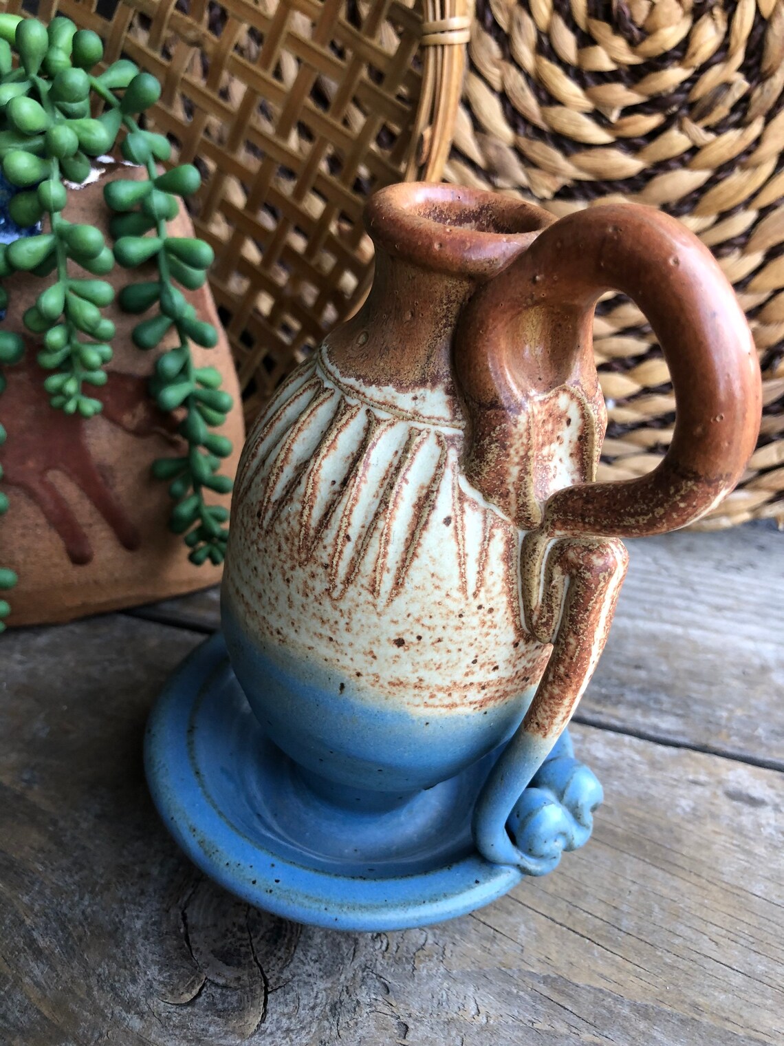 Signed Stoneware Pottery Vase / Jug with Handle and Attached | Etsy