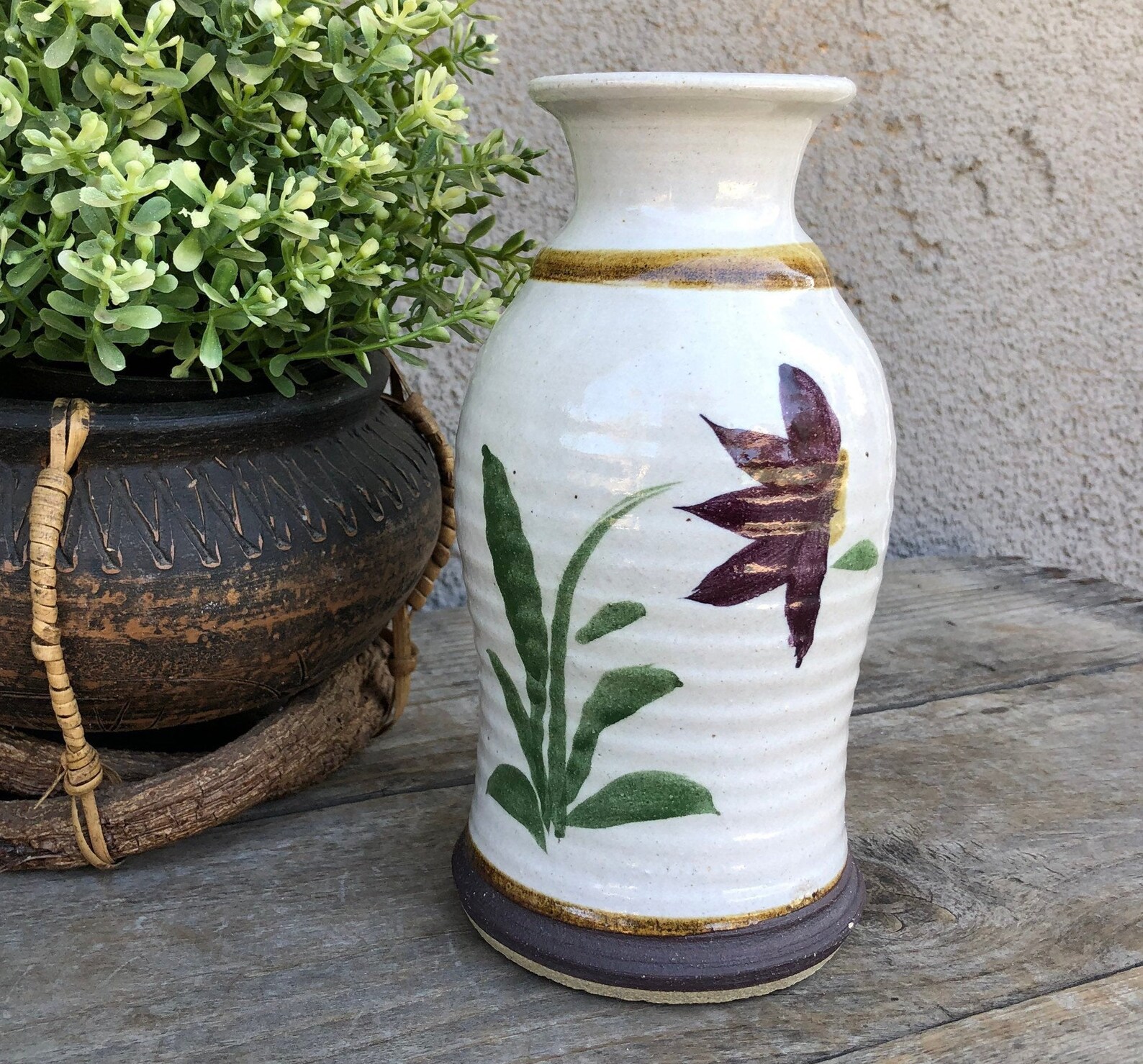 Vintage Stoneware Pottery Vase off White/brown With Hand | Etsy