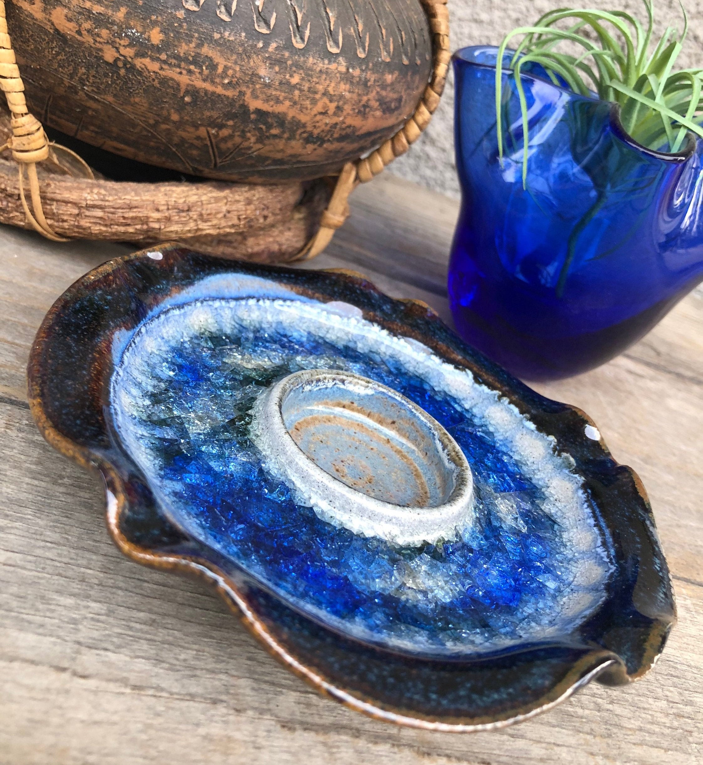 Vintage Glass Infused Stoneware Pottery Candle Holder - Ceramic ...