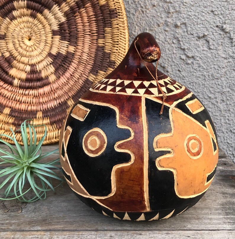 Hand Carved and Painted Ethnic 7.75T Gourd-Faces/Masks-Beige | Etsy