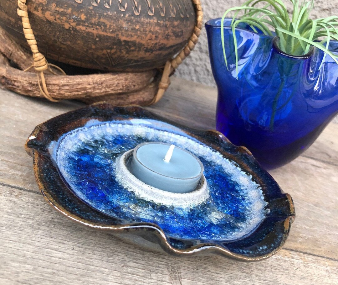 Vintage Glass Infused Stoneware Pottery Candle Holder - Ceramic ...