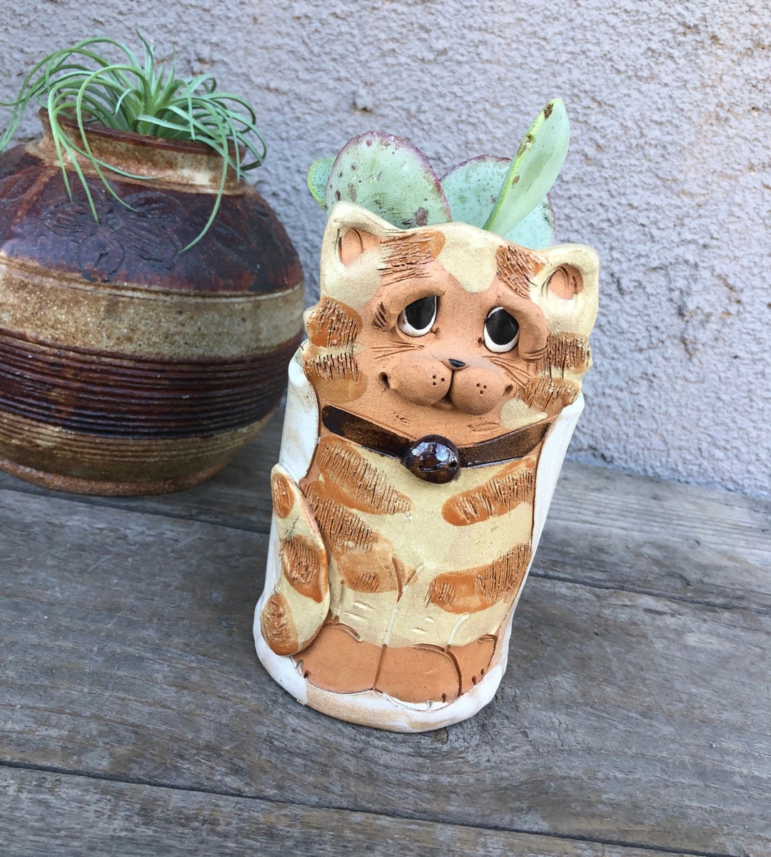 Vintage Ceramic Pottery Cat/kitty Planter - Pen / Paint Brush Holder by ...