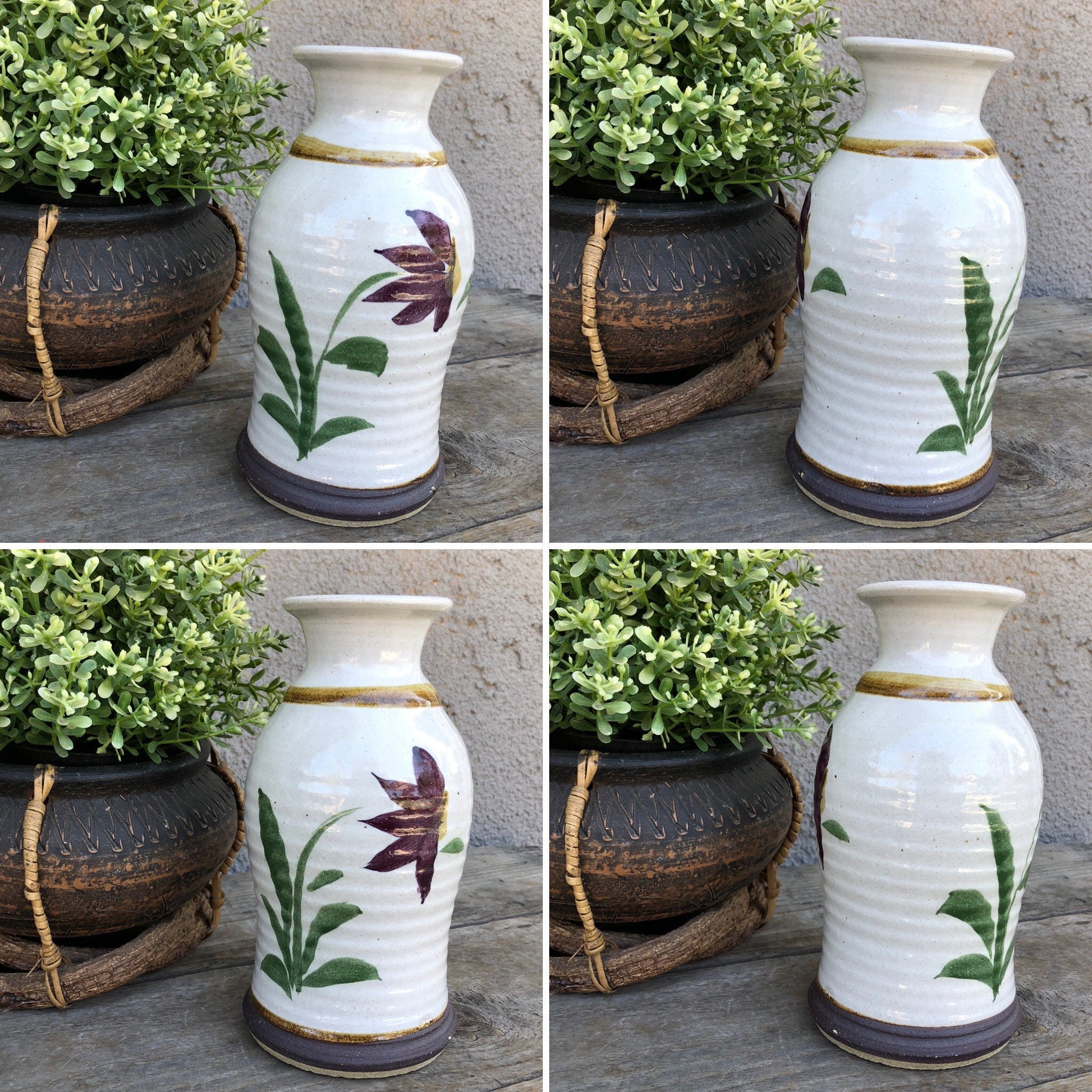 Vintage Stoneware Pottery Vase off White/brown With Hand | Etsy