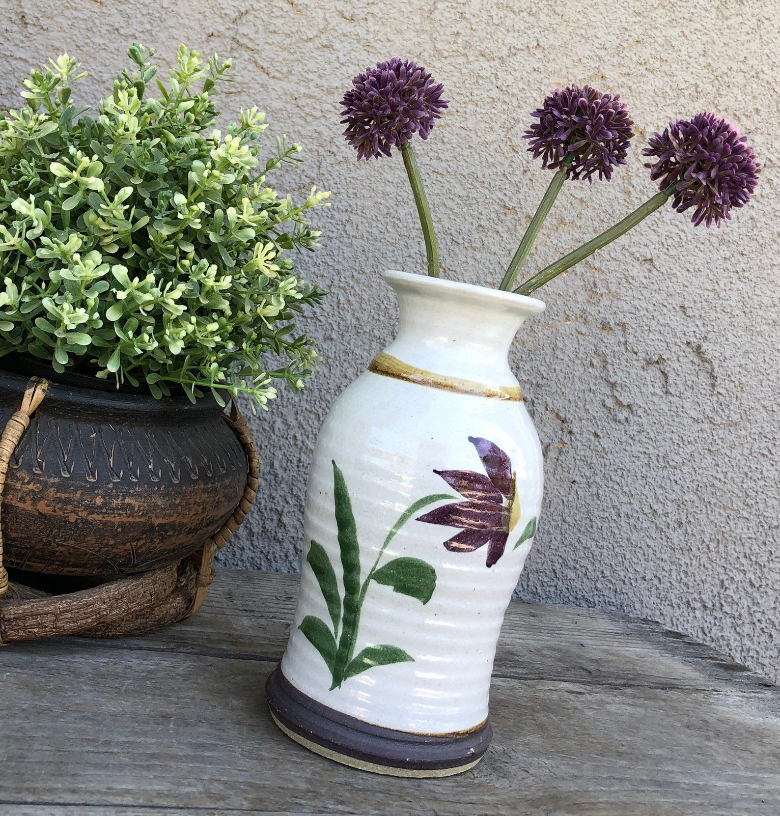Vintage Stoneware Pottery Vase off White/brown With Hand | Etsy